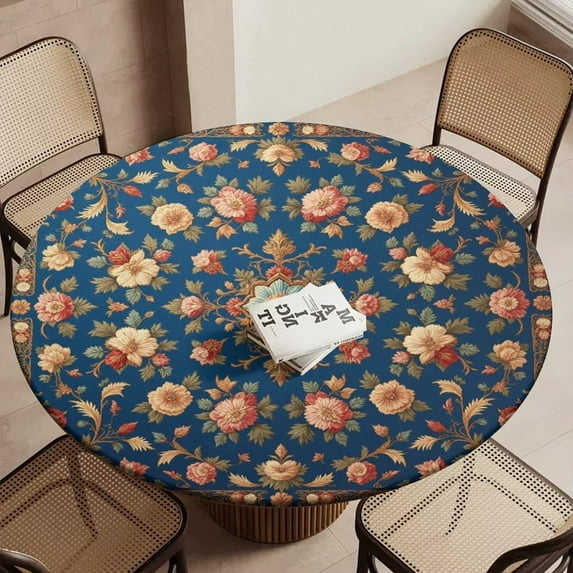 Blue Floral Pattern Square Round Table Cover Kitchen Printed Waterproof ...
