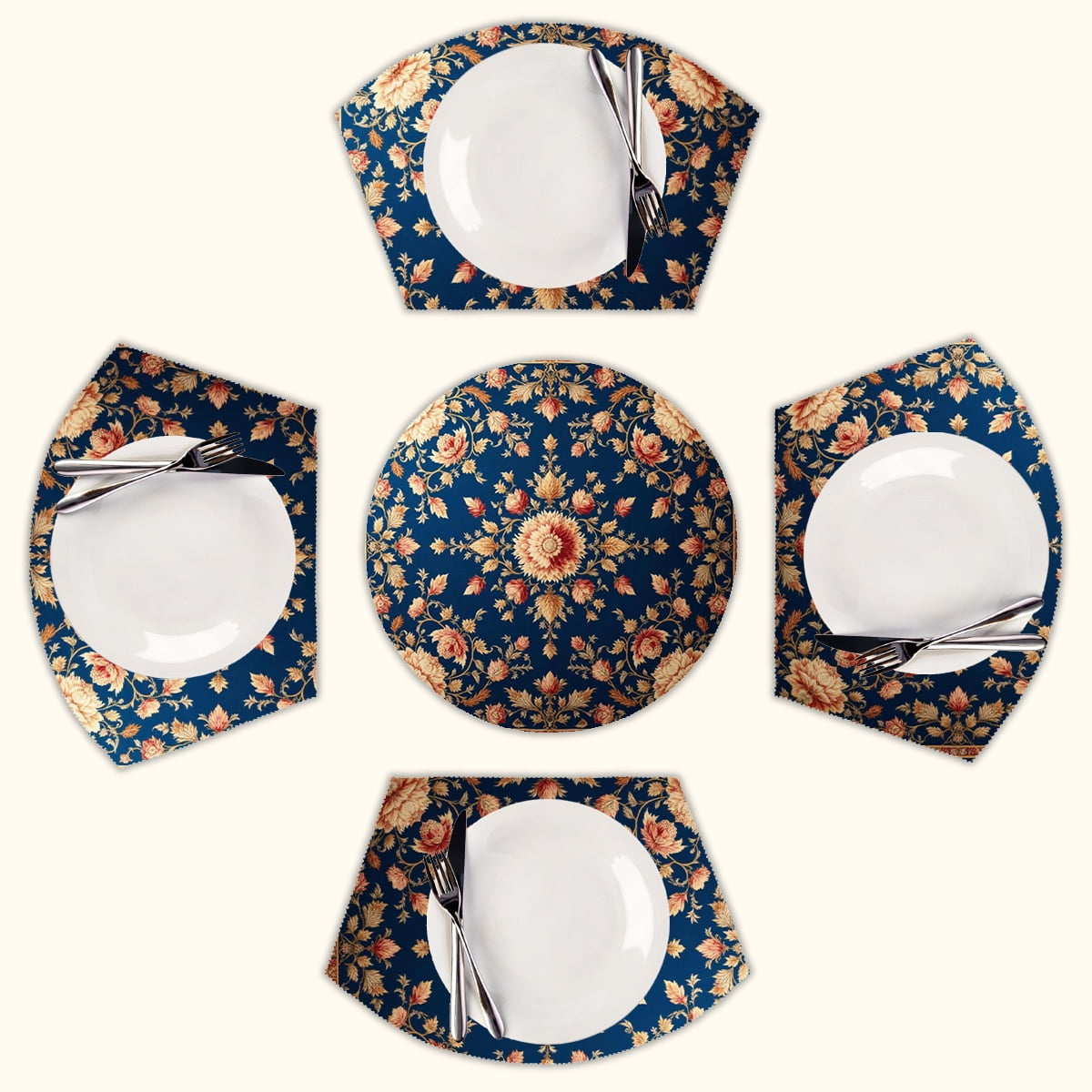 Blue Floral Pattern Square Round Table Placemats Set Of 5 Wedge Table Mats Washable Heat ...