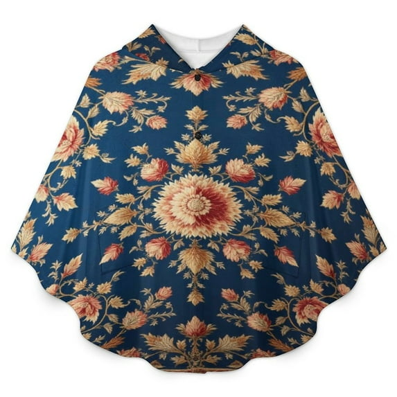 Blue Floral Pattern Square Rug Blanket Oversized Wearable Hooded ...