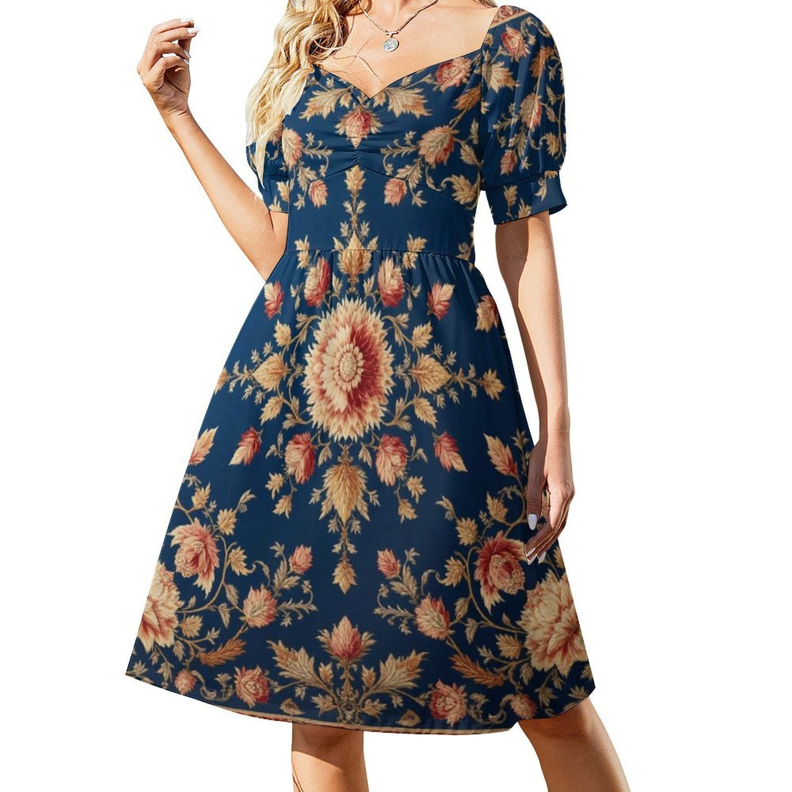 Blue Floral Pattern Square Rug Short Sleeve Dress Clothes Women's ...
