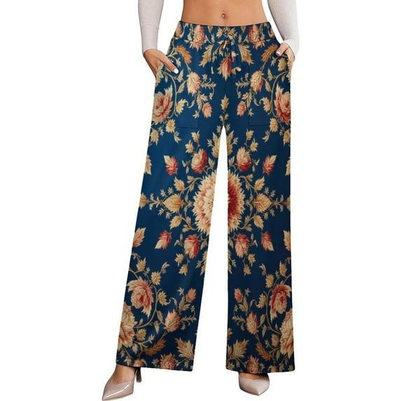 Blue Floral Pattern Square Rug Women's Casual Wide Leg Pants Comfort ...