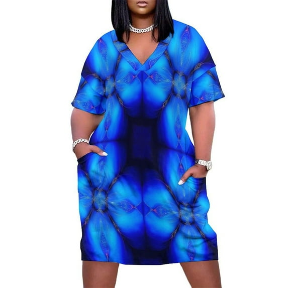 Blue Floral Pattern Symmetric Design Loose Pocket Dress Dresses Summer ...