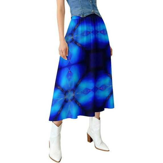 Blue Floral Pattern Symmetric Design Women High Waist Midi Skirt ...