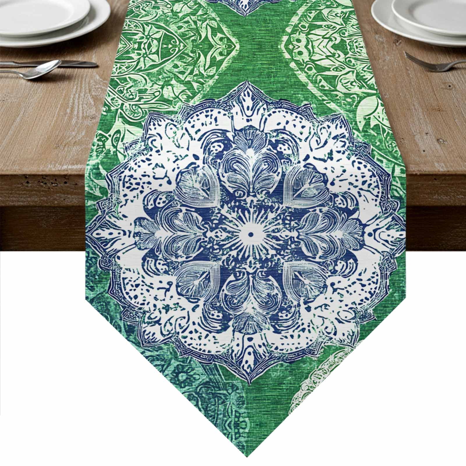 Blue Floral Pattern Table Runner Linen Burlap Table Runner 108 Inches ...