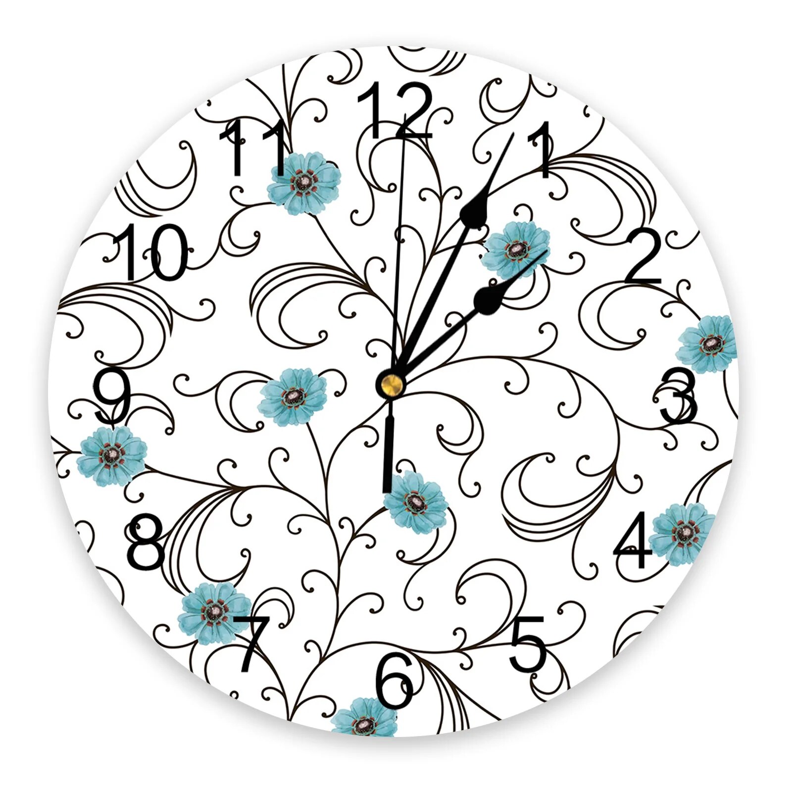 Blue Floral Pattern Wall Clock Silent Digital Clocks for Home Bedroom ...