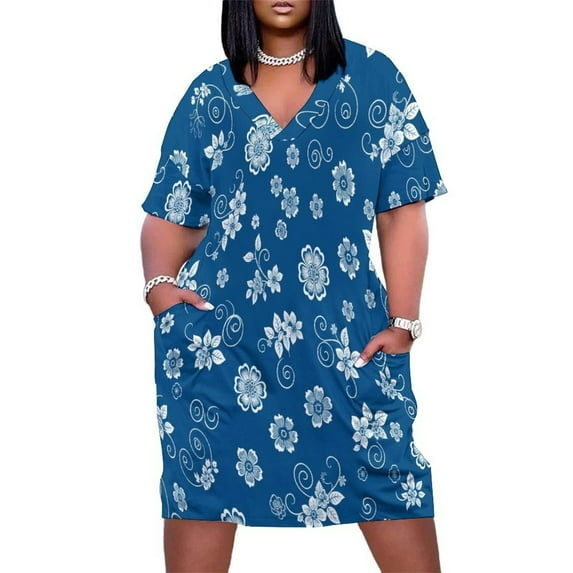 Blue Floral Pattern White Flowers Swirls Loose Pocket Dress Dresses ...