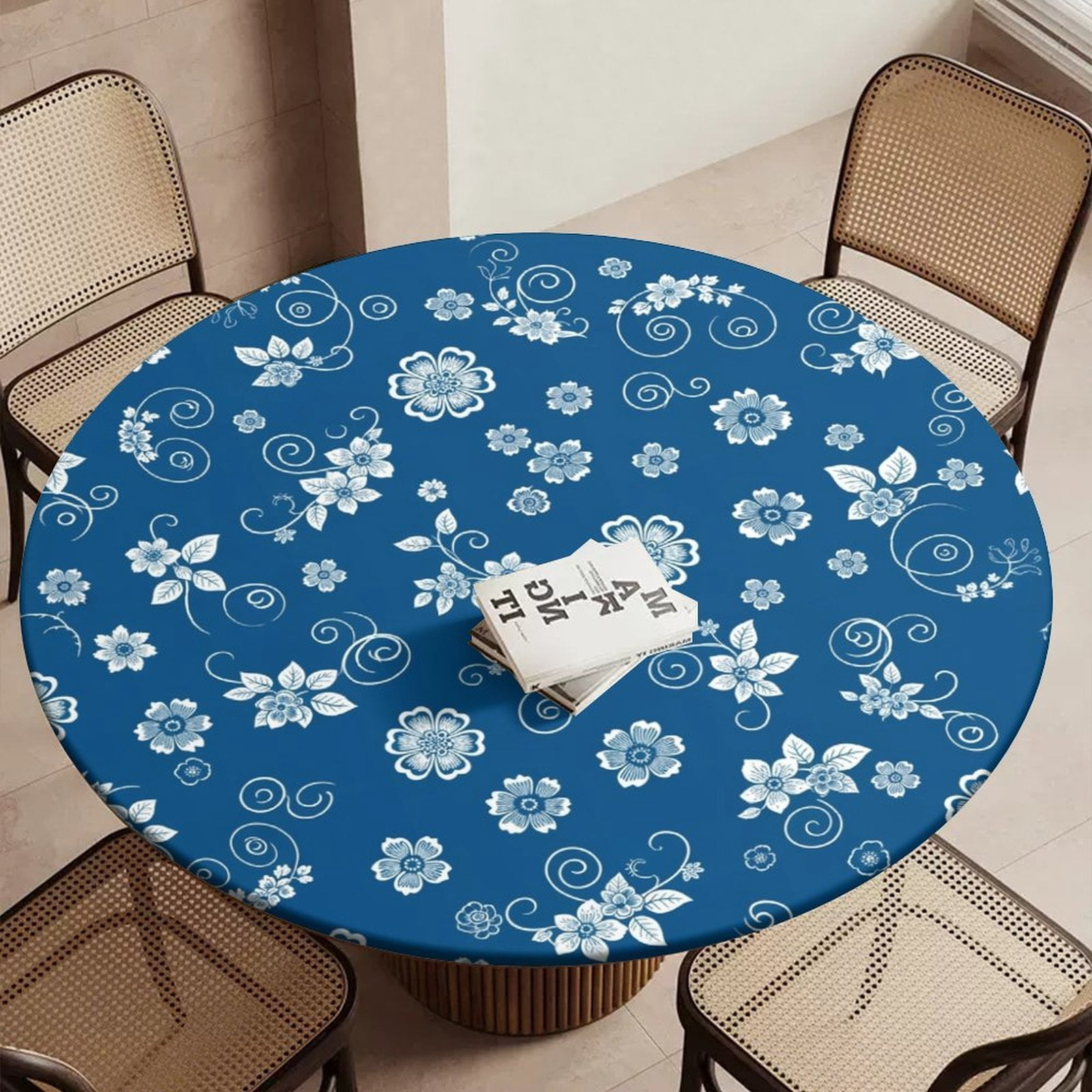 Blue Floral Pattern White Flowers Swirls Round Table Cover Kitchen ...