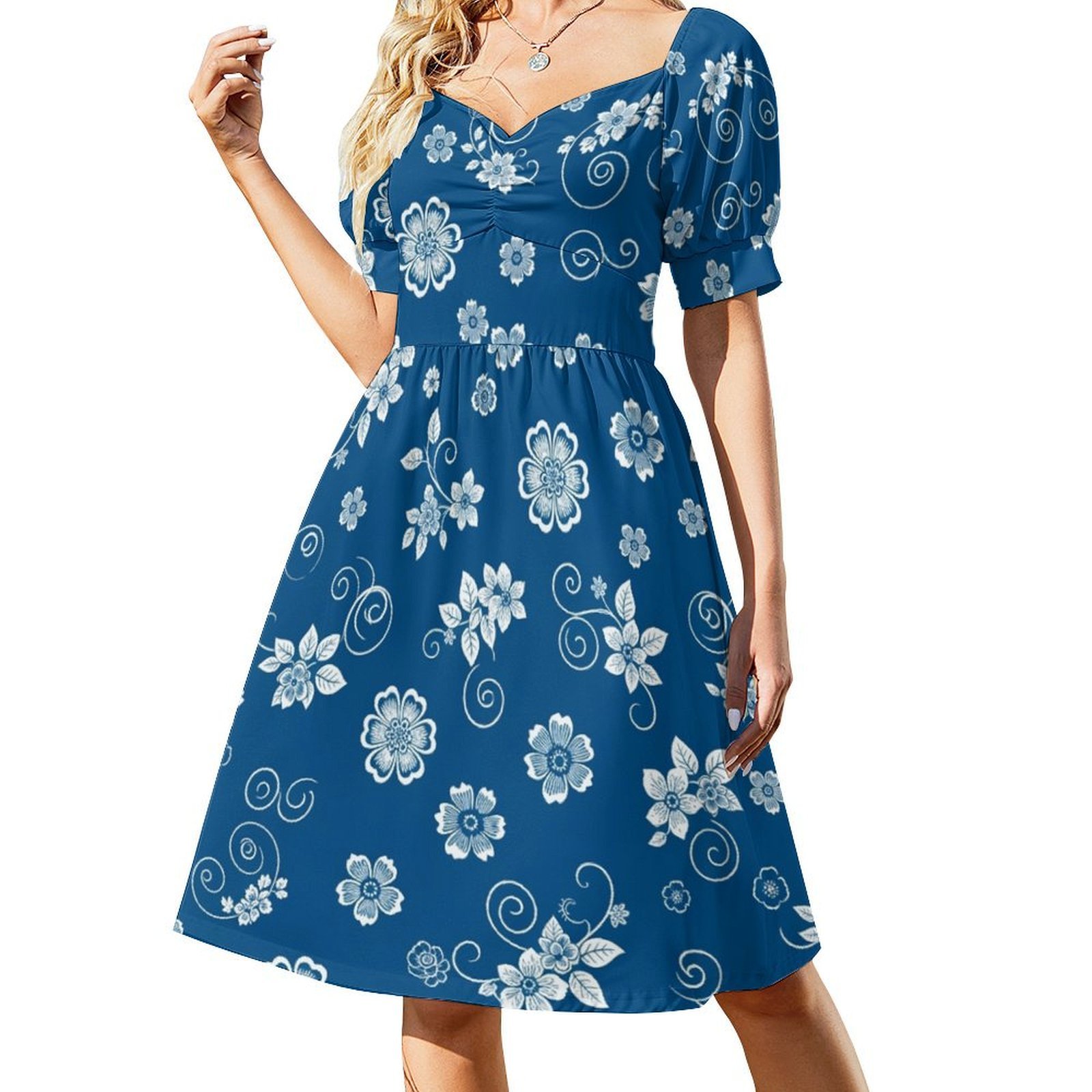 Blue Floral Pattern White Flowers Swirls Short Sleeve Dress Clothes ...