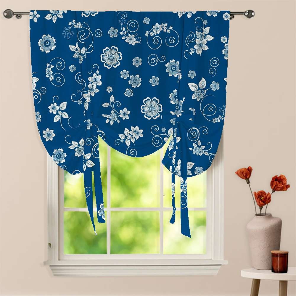 Blue Floral Pattern White Flowers Swirls Window Curtain for Living Room ...