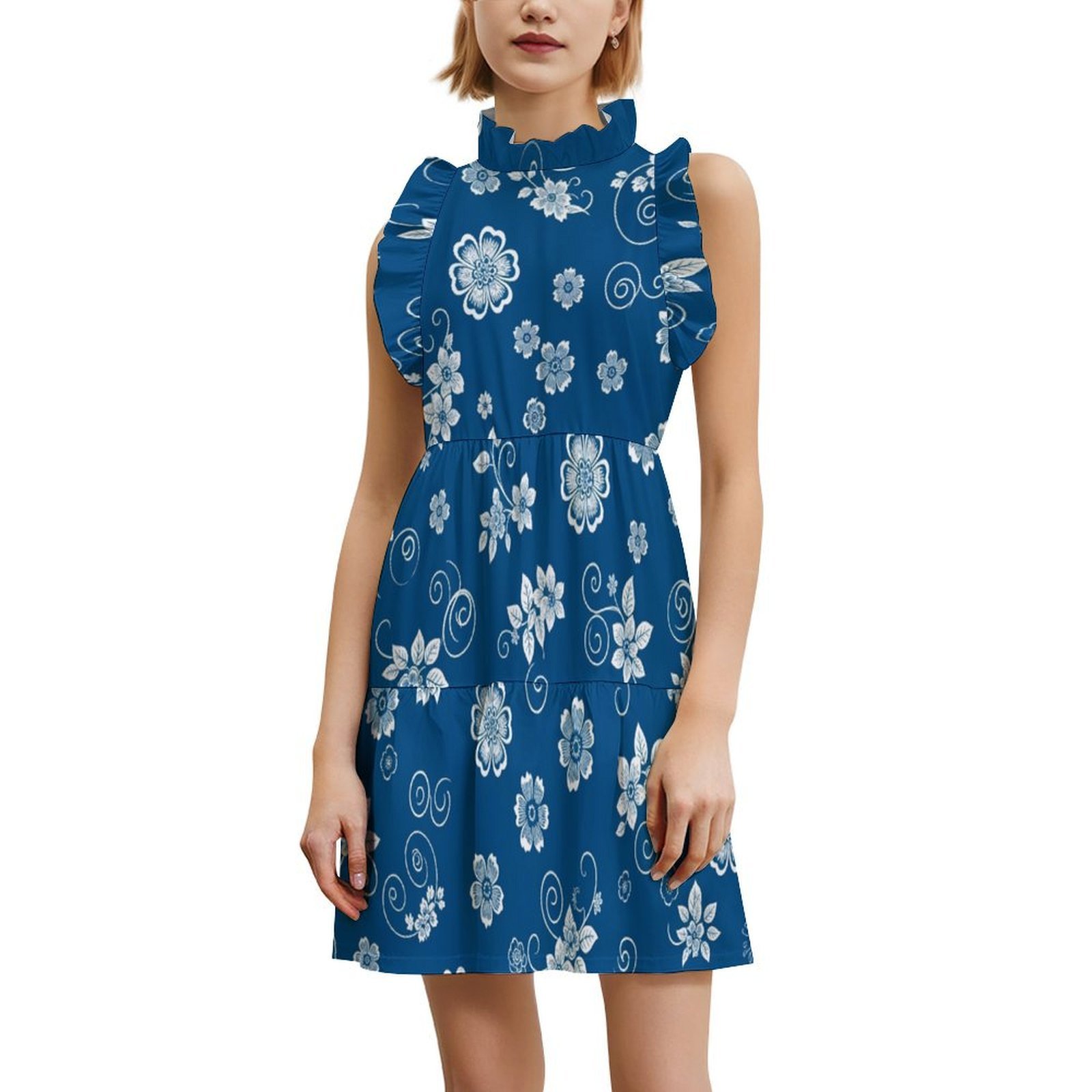 Blue Floral Pattern White Flowers Swirls Women's Fashion Casual Dress ...