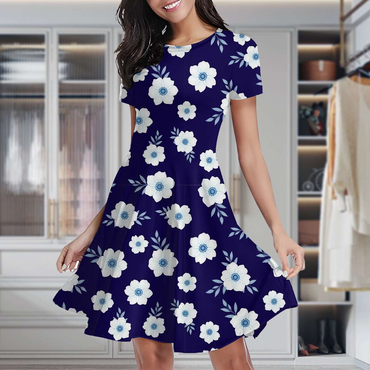 Blue Floral Pattern Women's Classic Swing Skater Dress Casual Work ...