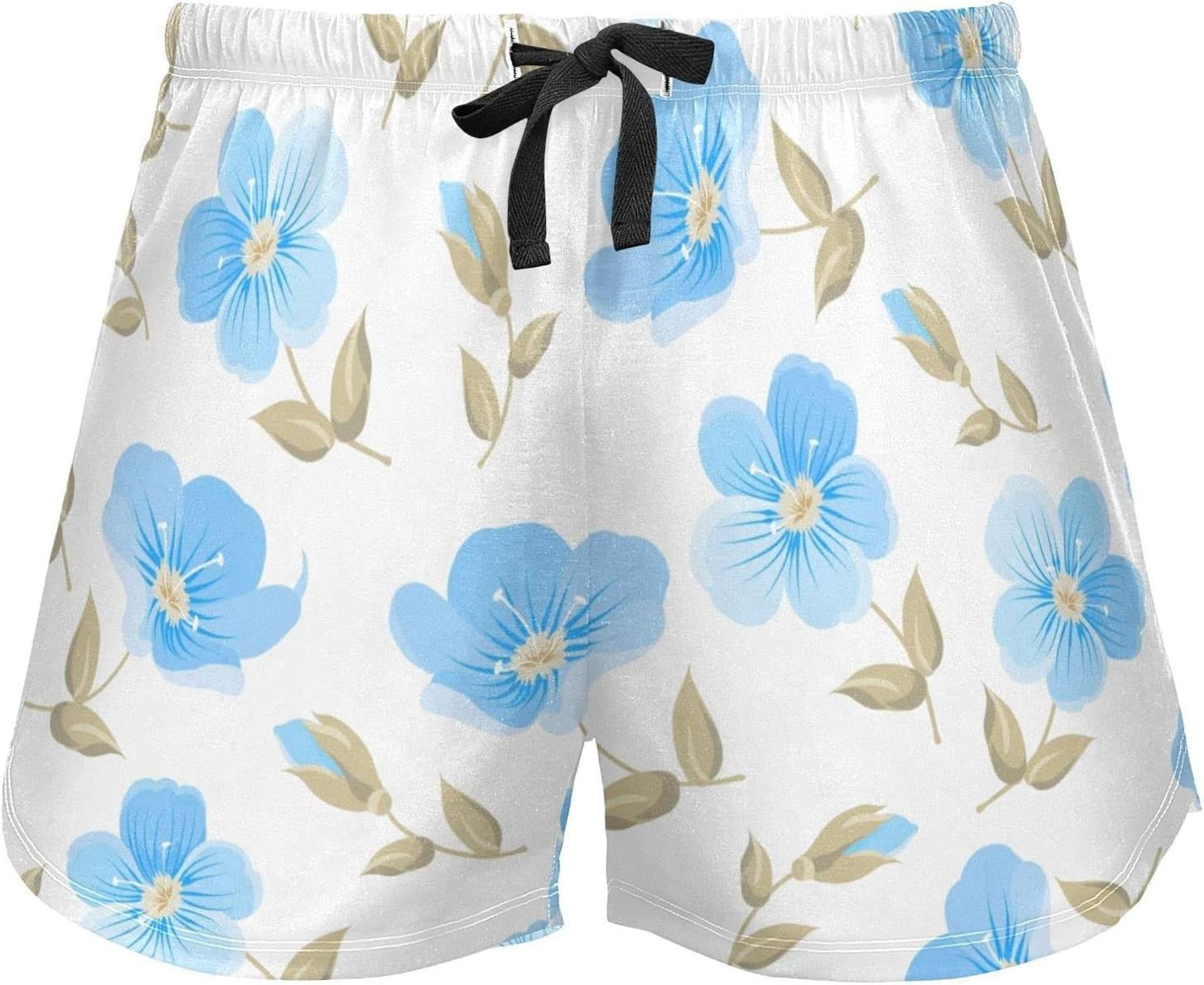 Blue Floral Pattern Women's Pajama Shorts, Soft Comfy Stretch Sleepwear ...