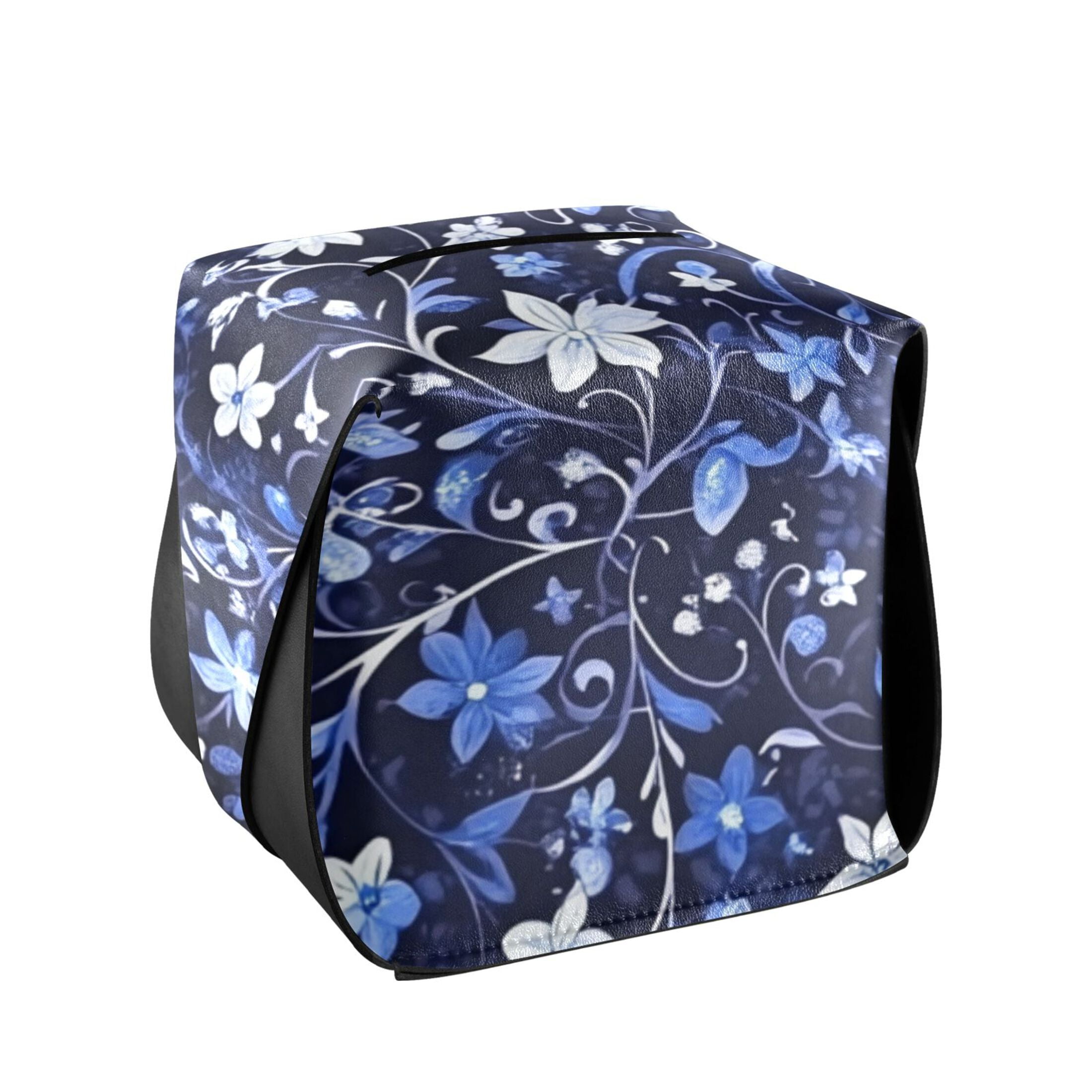 Blue Floral Pattern on Dark Tissue Box Cover Leather Square Rectangle ...