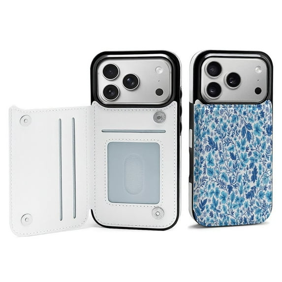 Blue Floral Pattern on White Leather Wallet Case for iPhone 15 Pro Max ...