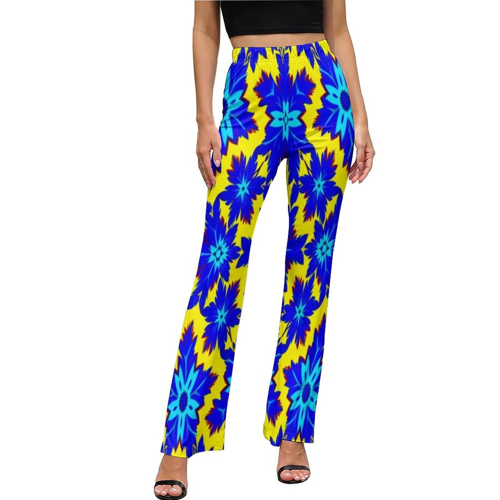 Blue Floral Pattern on Yellow High Waisted Casual Flared Trousers ...