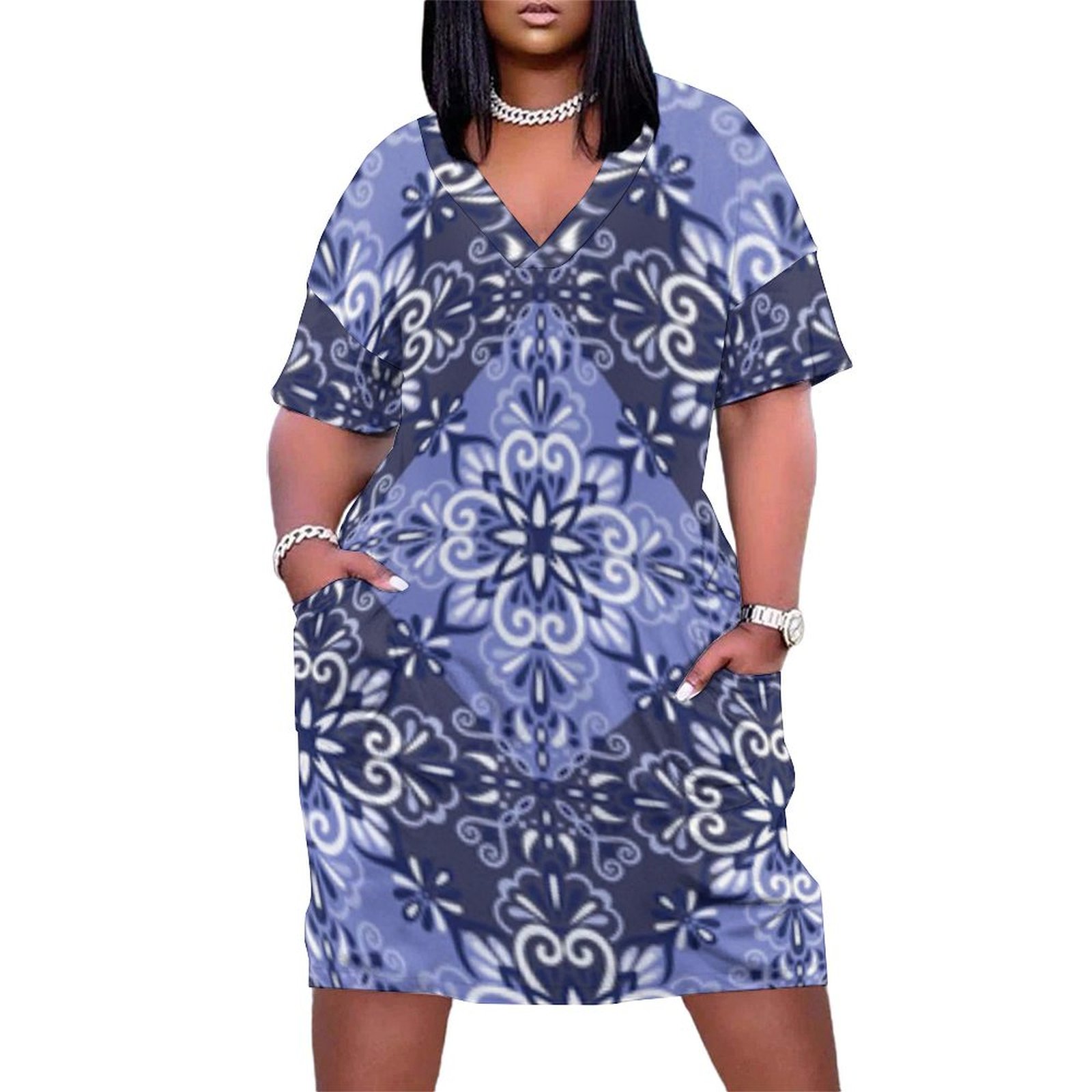 Blue Floral Patterned Textile Design Summer Sundress for Curve Women ...