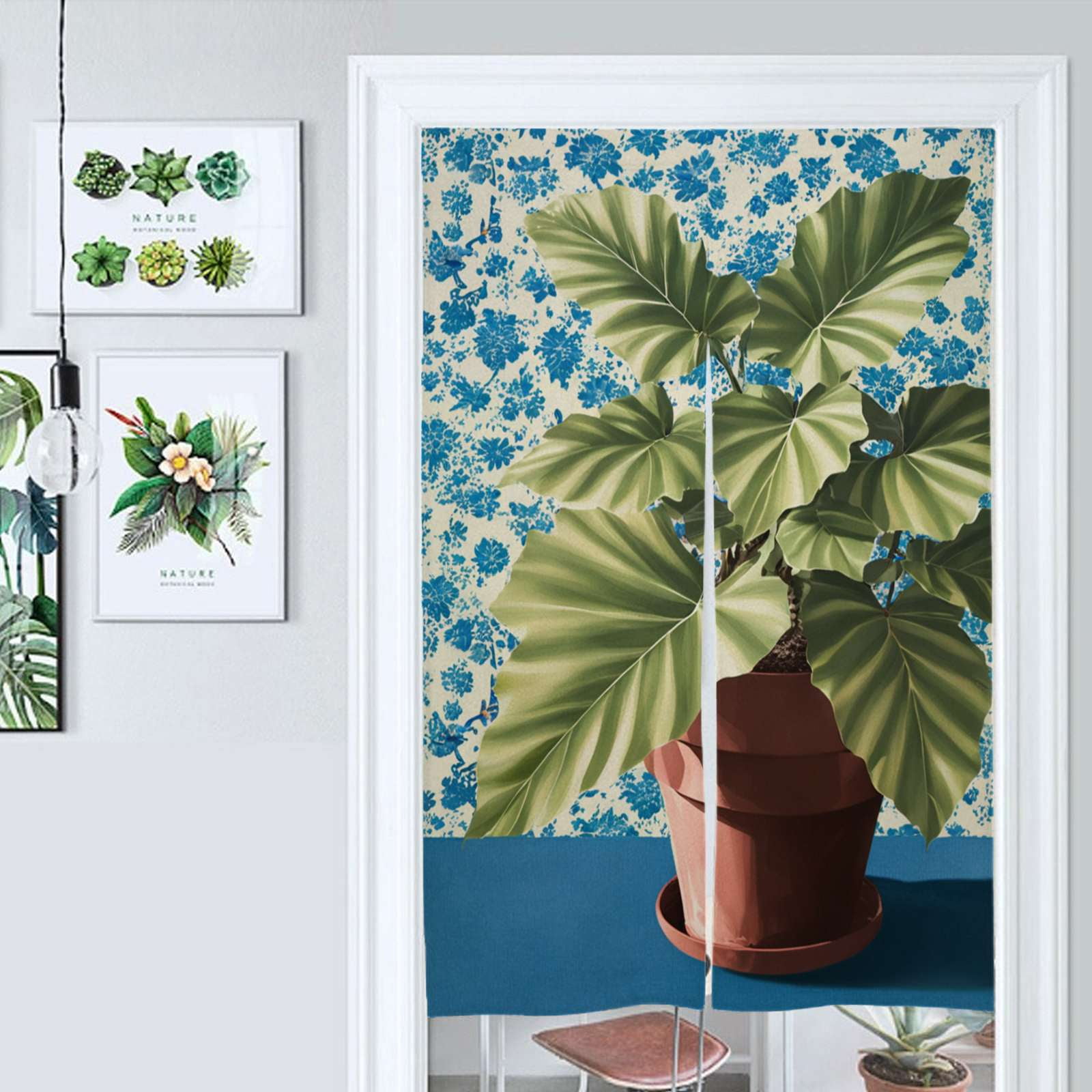 Blue Floral Patterned Wallpaper Door Curtain Nordic Living Room ...