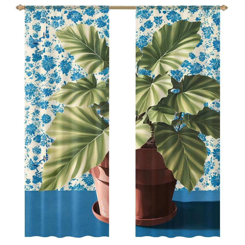 Blue Floral Patterned Wallpaper Tulle Curtains For Living Room Chiffon ...