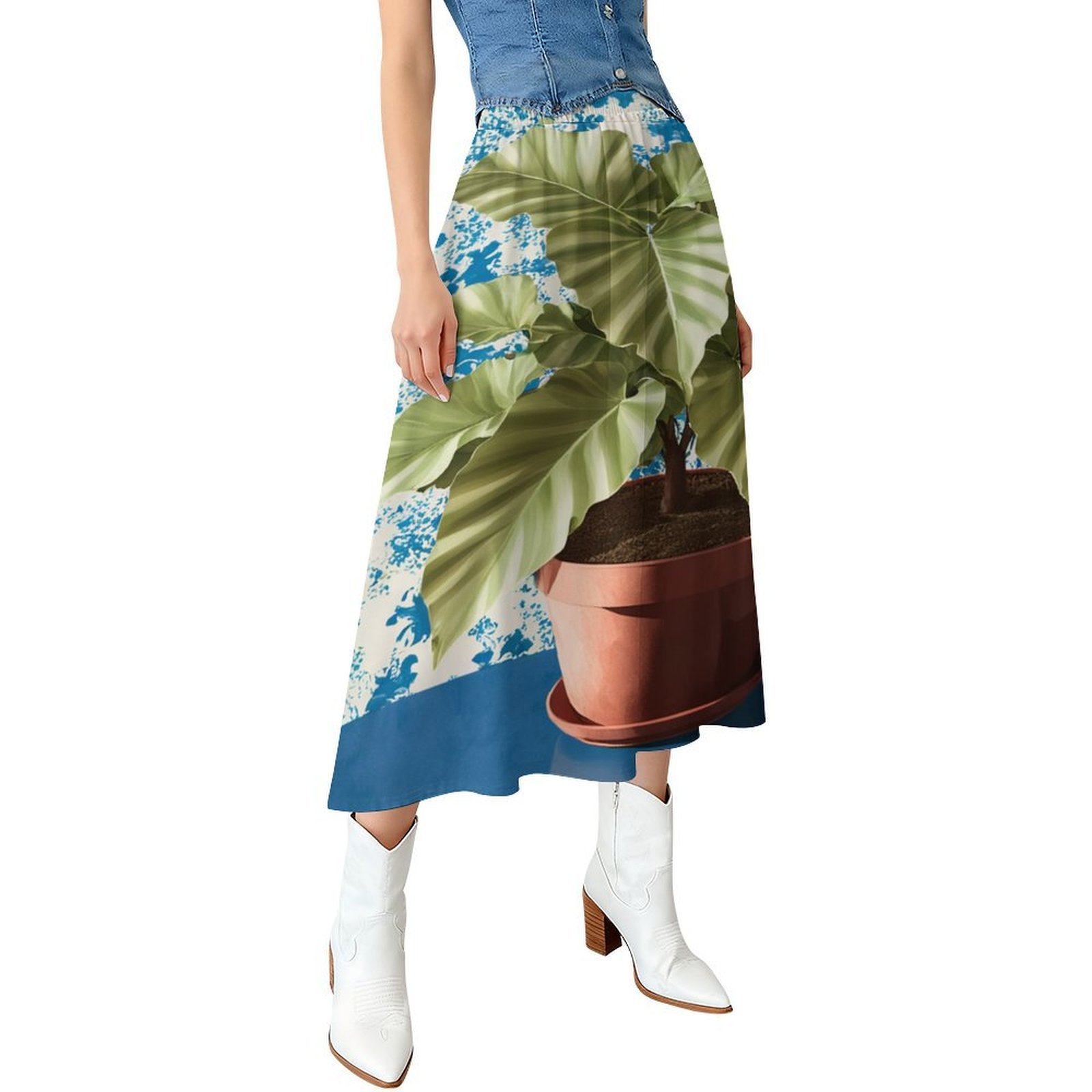 Blue Floral Patterned Wallpaper Women High Waist Midi Skirt Elegant ...