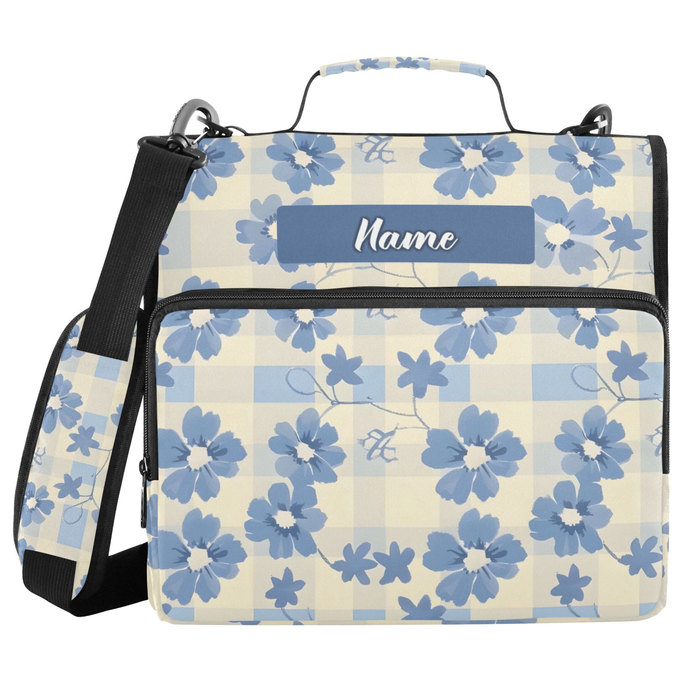 Blue Floral Patterns Personalized Binder Bag with Shoulder Strap 3 Ring ...