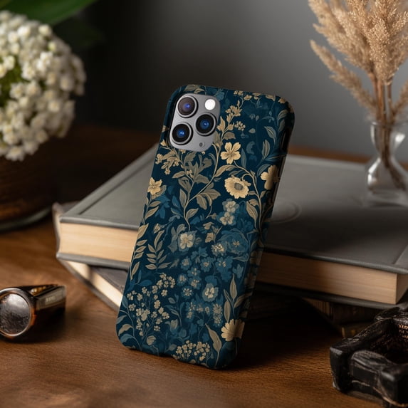 Blue Floral Phone Case For iPhone Samsung Pixel Hard Cover Gold ...