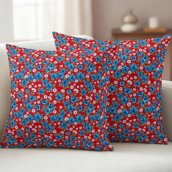 Blue Floral Pillow Covers 2 Pack Flower Leaves Farmhouse Red Background ...
