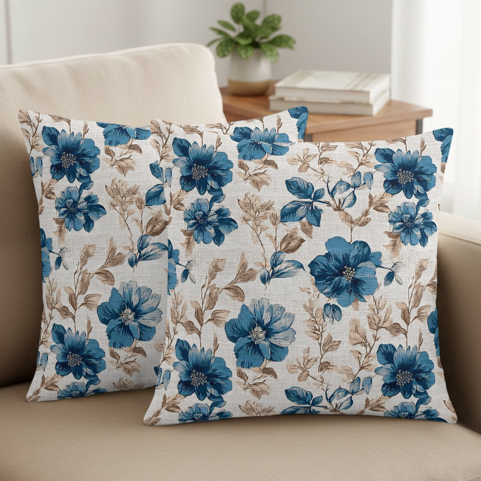Blue Floral Pillow Covers Set of 2, Vintage Flower Botanical Brown ...