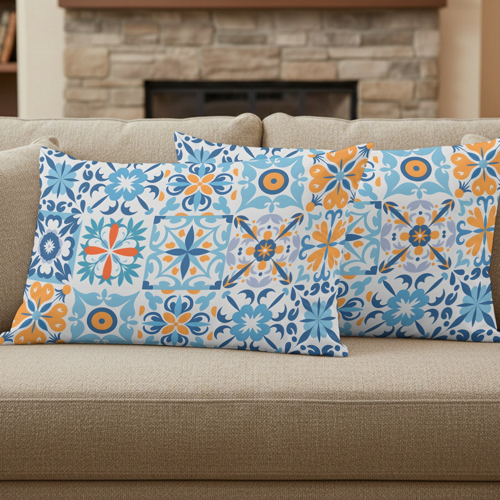 Blue Floral Pillow Covers Set of 2, Vintage Mediterranean Tile Orange ...