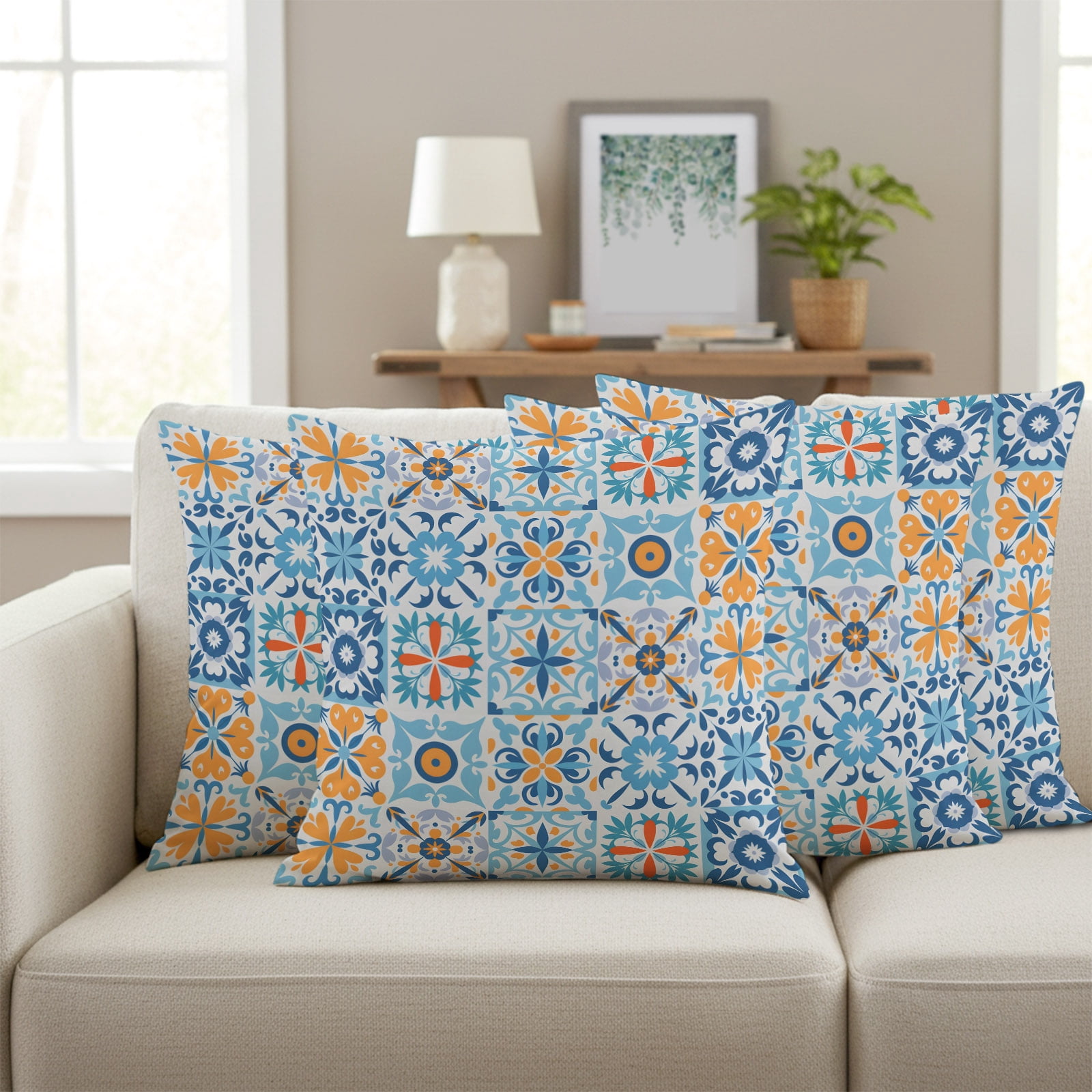 Blue Floral Pillow Covers Set of 4, Vintage Mediterranean Tile Orange ...