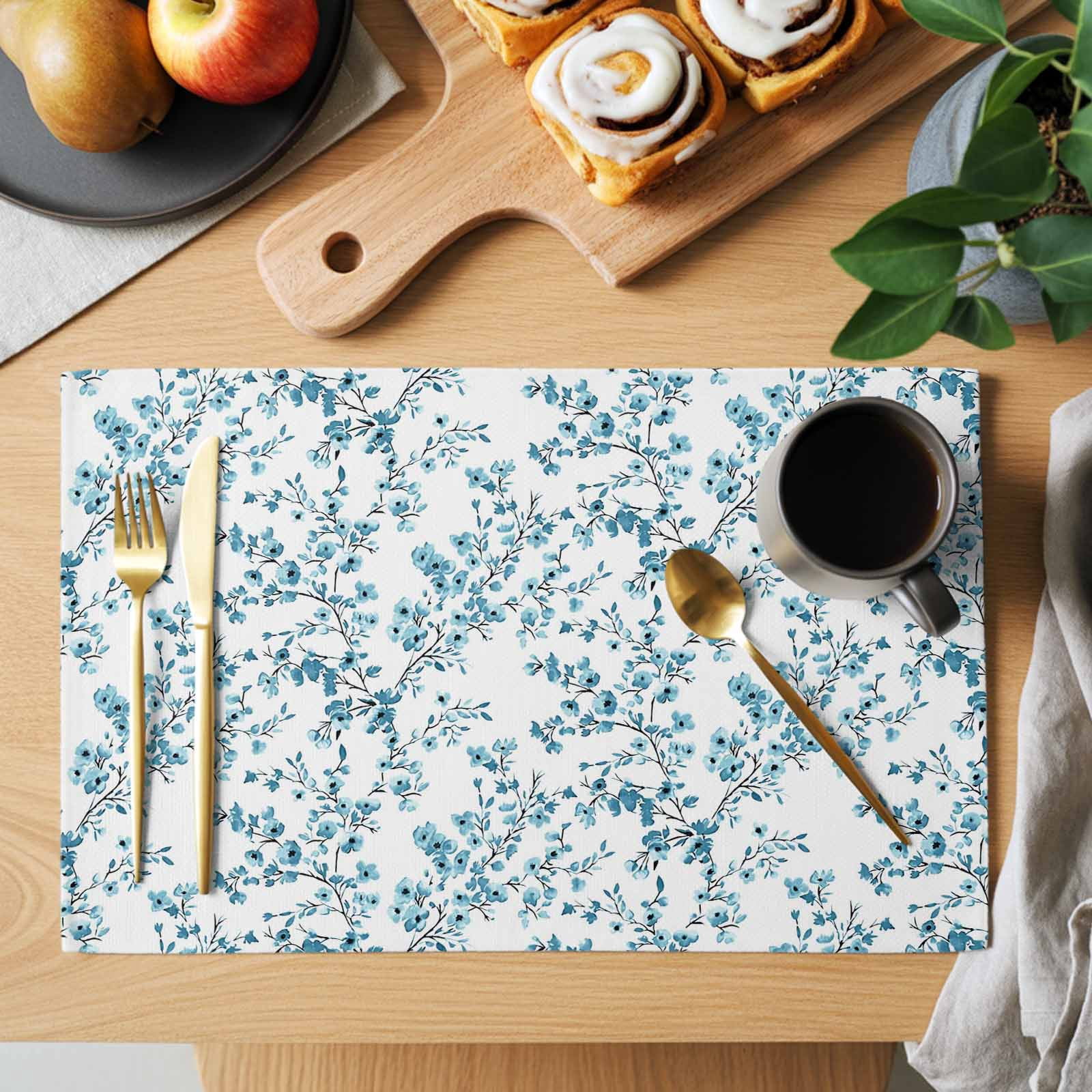 Blue Floral Placemats Set of 1, Watercolor Flower Leaves Bud Heat ...