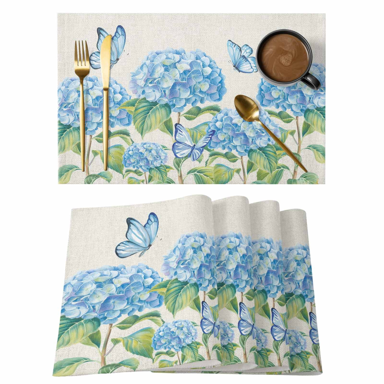 Blue Floral Placemats Set of 12, Summer Botanical Hydrangeas Butterfly ...