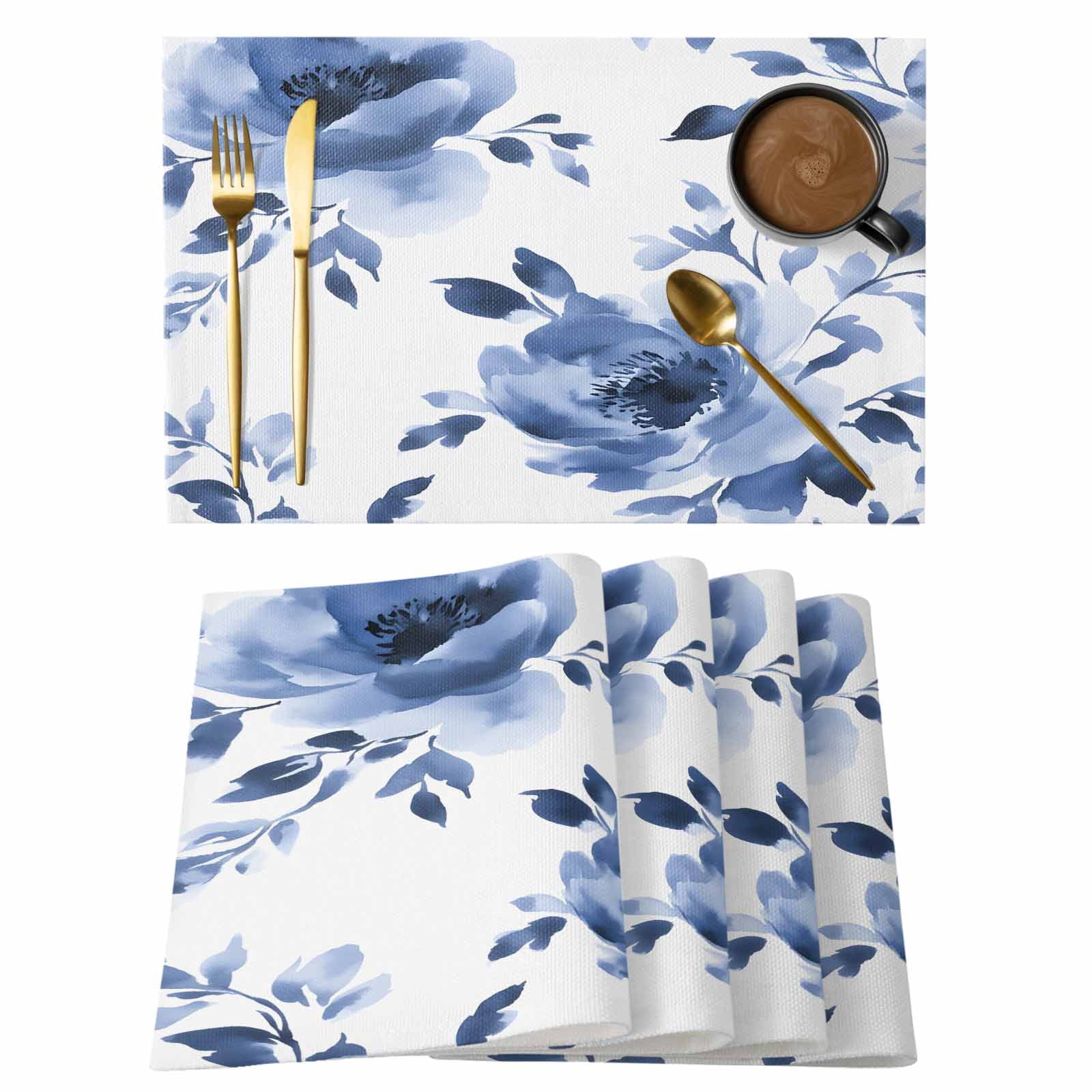 Blue Floral Placemats Set of 4, Retro Watercolor Spring Blue Flowers ...