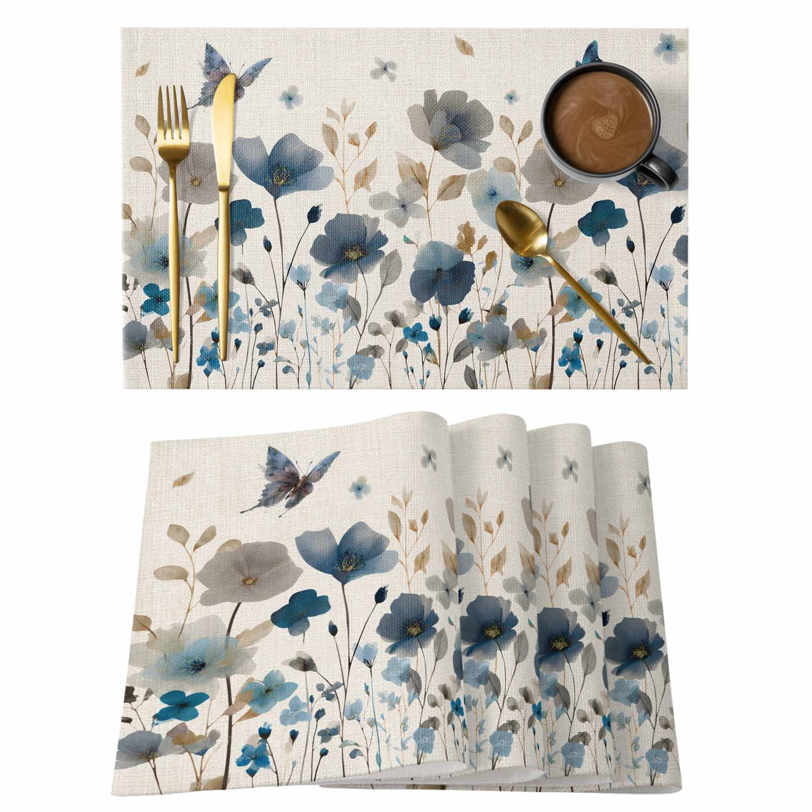 Blue Floral Placemats Set of 4 Spring Watercolor Flowers Butterflies ...
