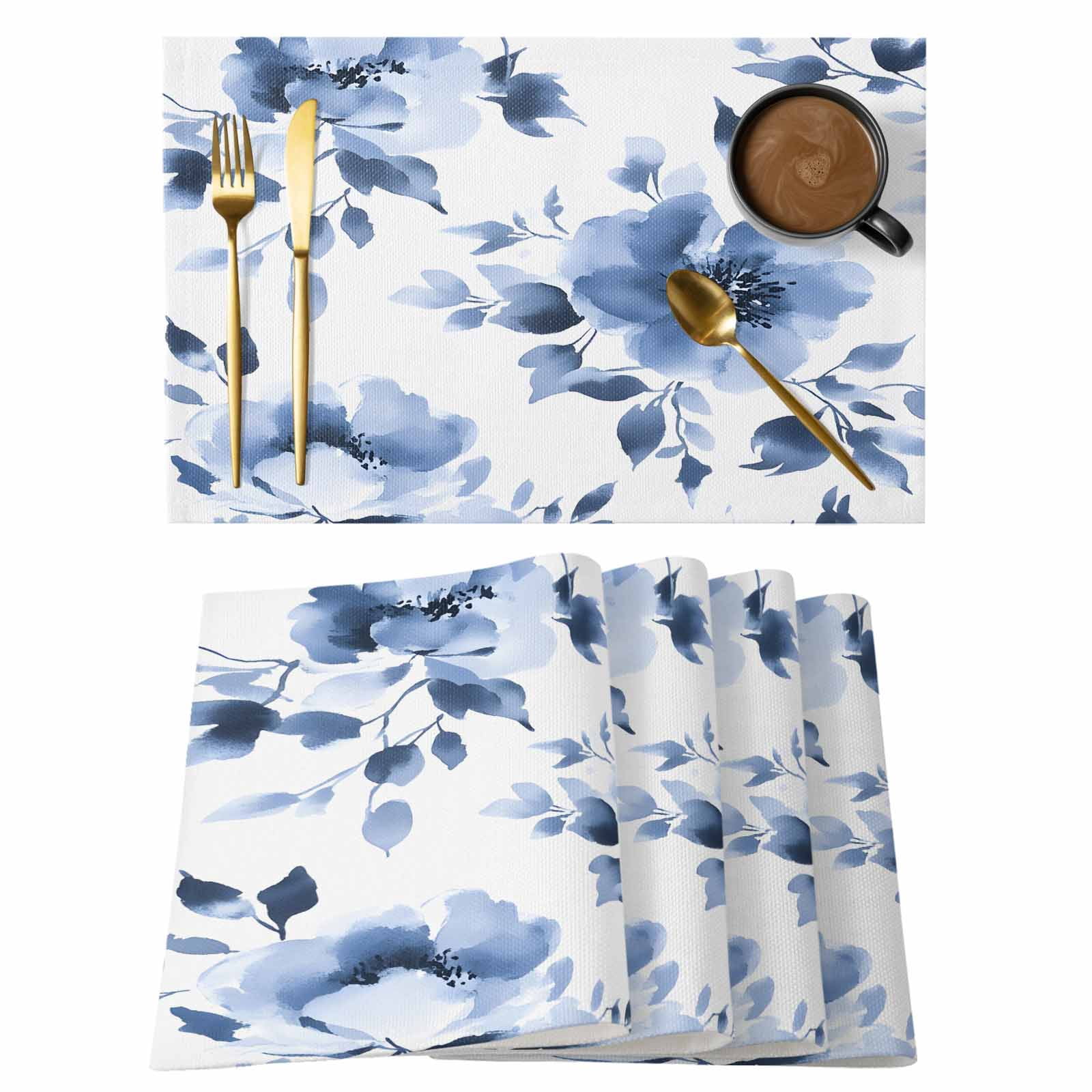 Blue Floral Placemats Set of 6, Watercolor Spring Blue Flowers Leaves ...