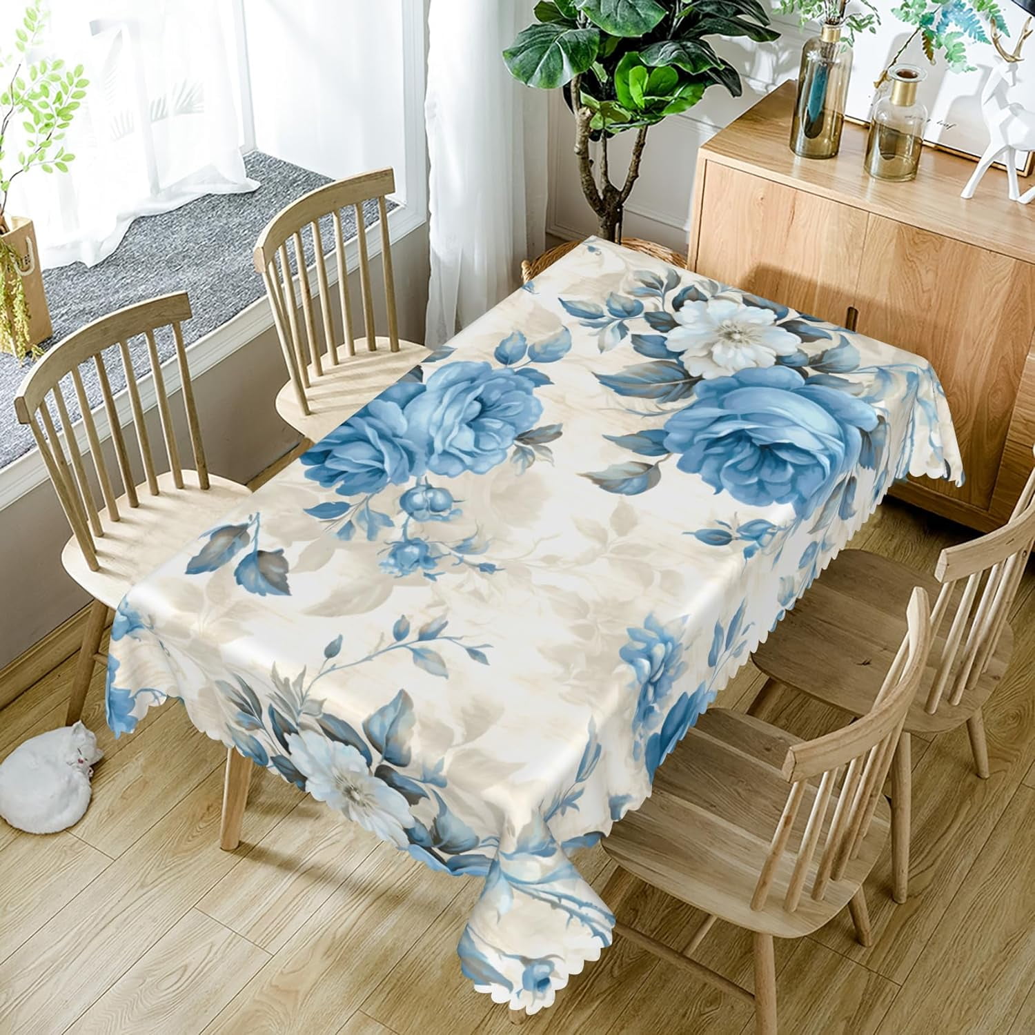 Blue Floral Polyester Tablecloths Washable Resistant Dining Outdoor ...