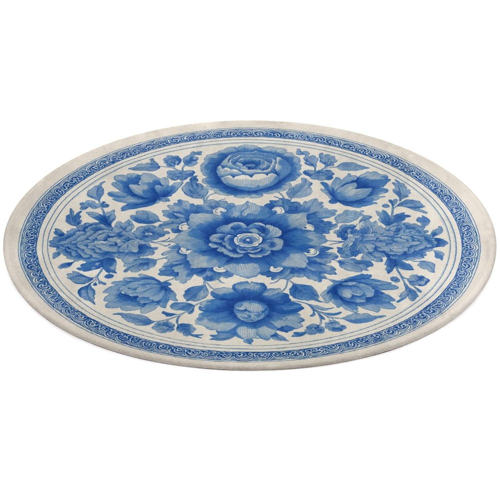 Blue Floral Porcelain Plate Design Round Carpet Living Room Carpet ...