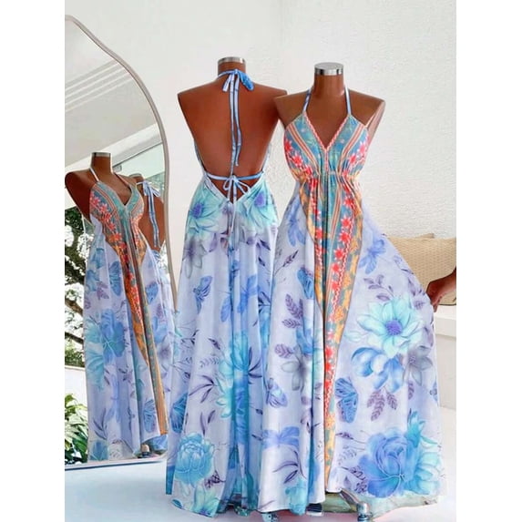 Blue Floral Print Backless Maxi Dress For Summer Holiday Beach Vacation ...