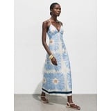 Blue Floral Print Backless V-Neck Sleeveless A-Line Maxi Dress For ...