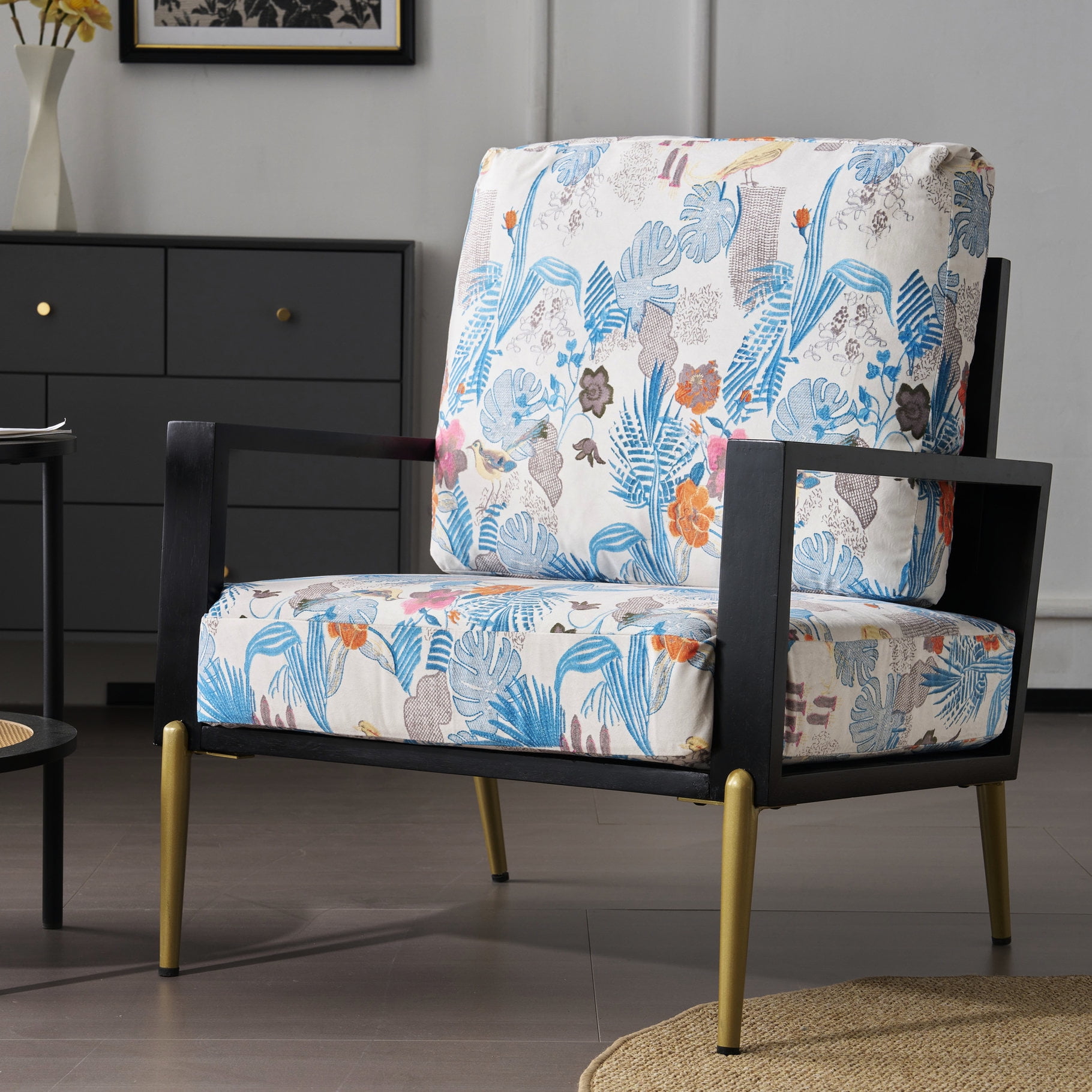 Blue Floral Print Chair | Comfortable Low - Back & Wide Armrest ...