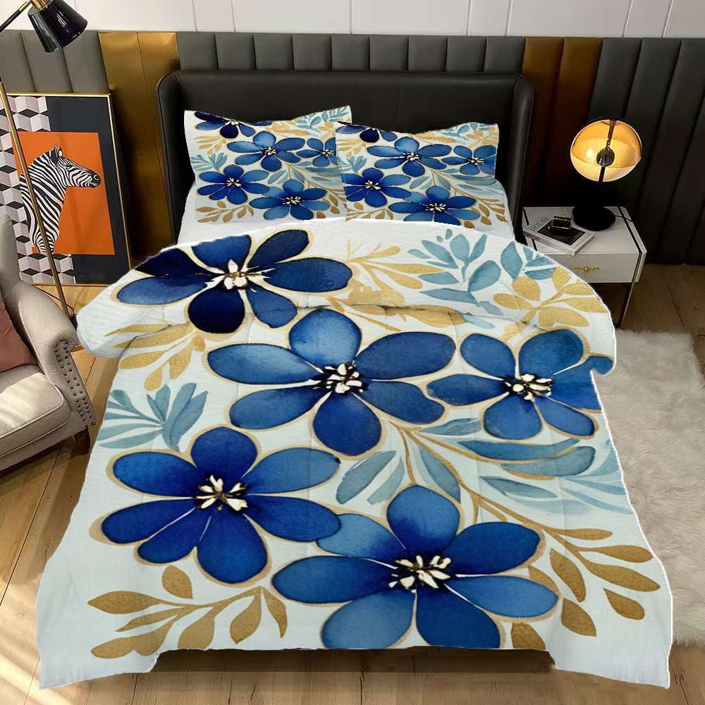 Blue Floral Print Comforter Set Full Size Bedding Set For Travl Bedroom ...