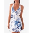 Blue Floral Print Halter Mini Dress With V-Neck Ruched Detail Slip ...