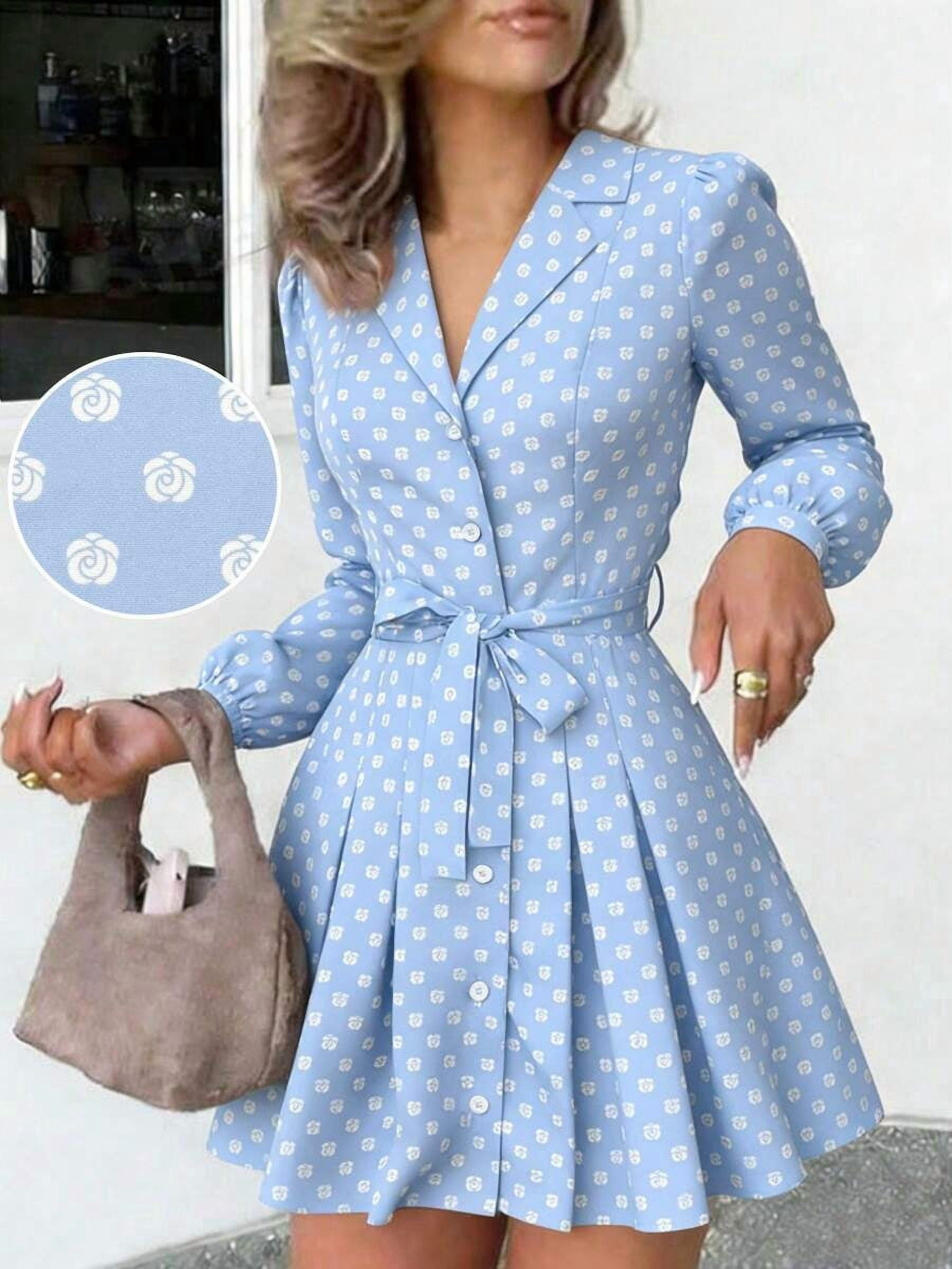Blue Floral Print Long-Sleeve A-Line Shirt Dress With Bow Belt, Puff ...