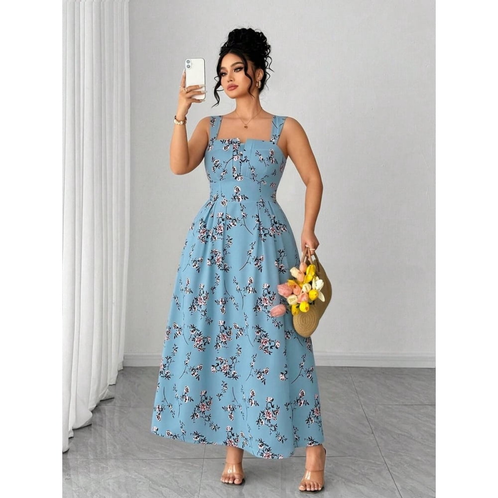 Blue Floral Print Spaghetti Strap Fit & Flare Maxi Dress For Women ...
