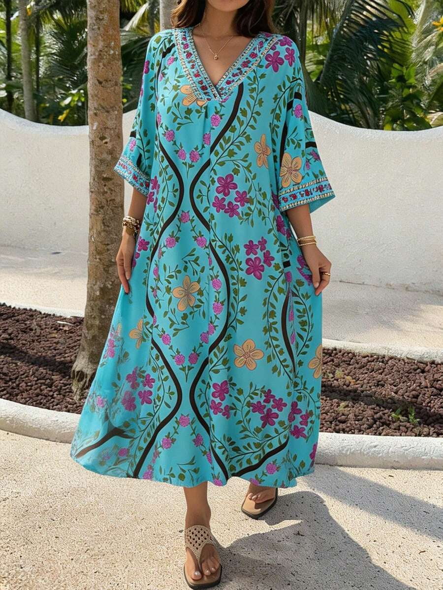Blue Floral Print V-Neck Loose Women Sleep Dress, Maxi Length ...