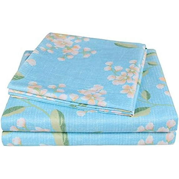 Blue Floral Printed Sheet Set Queen Size, 4 Piece Soft Pattern ...