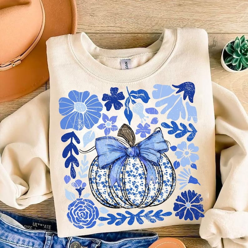 Blue Floral Pumpkin Sweater, Boho Fall Mama Autumn Vibes Chinoiserie ...