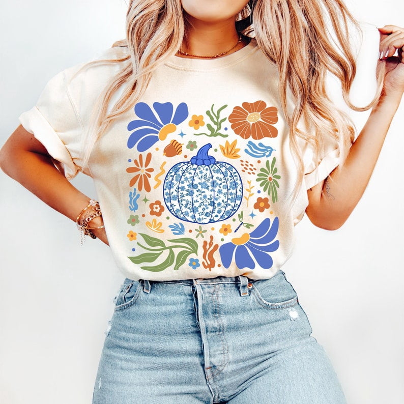 Blue Floral Pumpkin T-shirt, Boho Floral Fall Shirt, Fall Mama Shirt ...