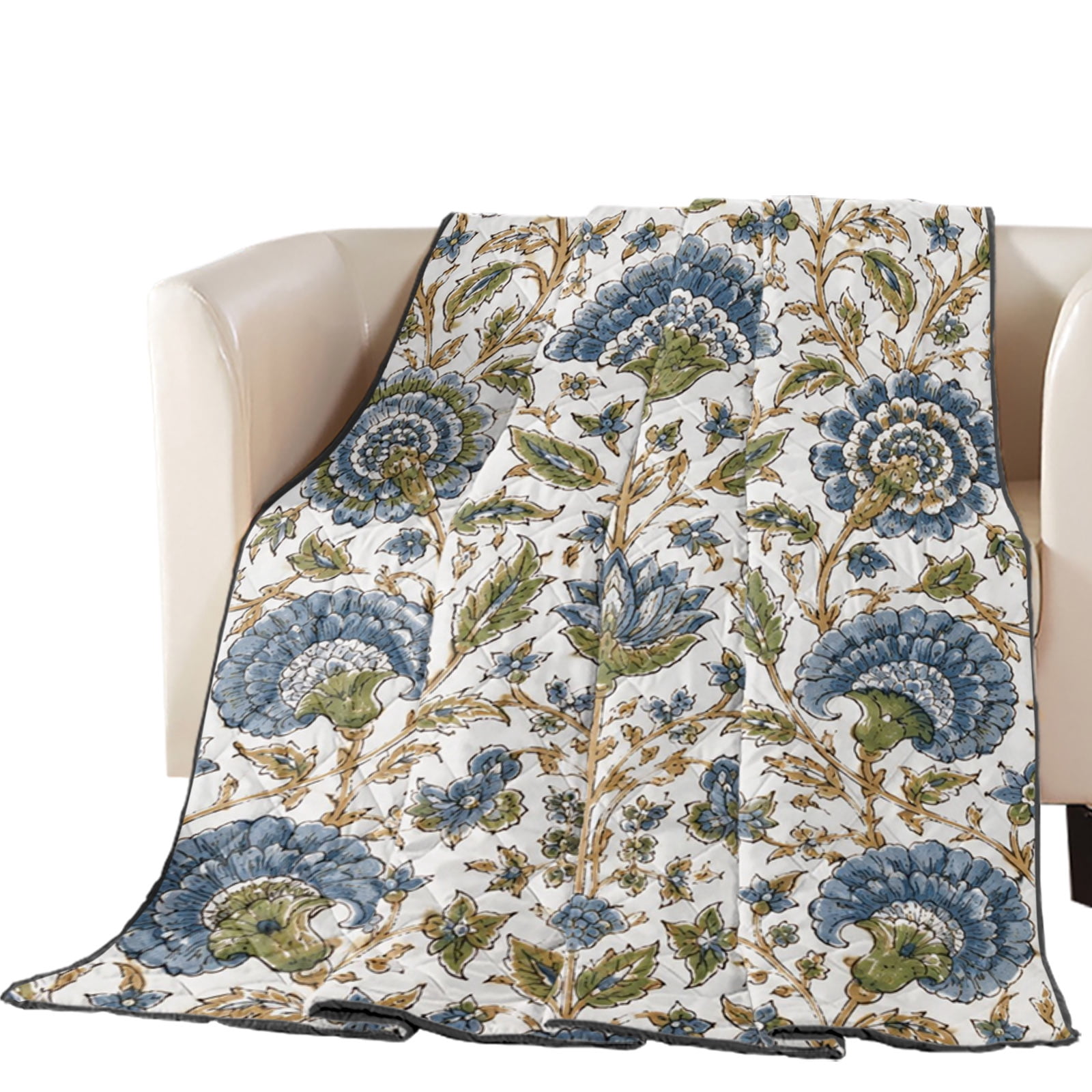 Blue Floral Quilted Comforters Cooling Blanket Oversized King Size ...