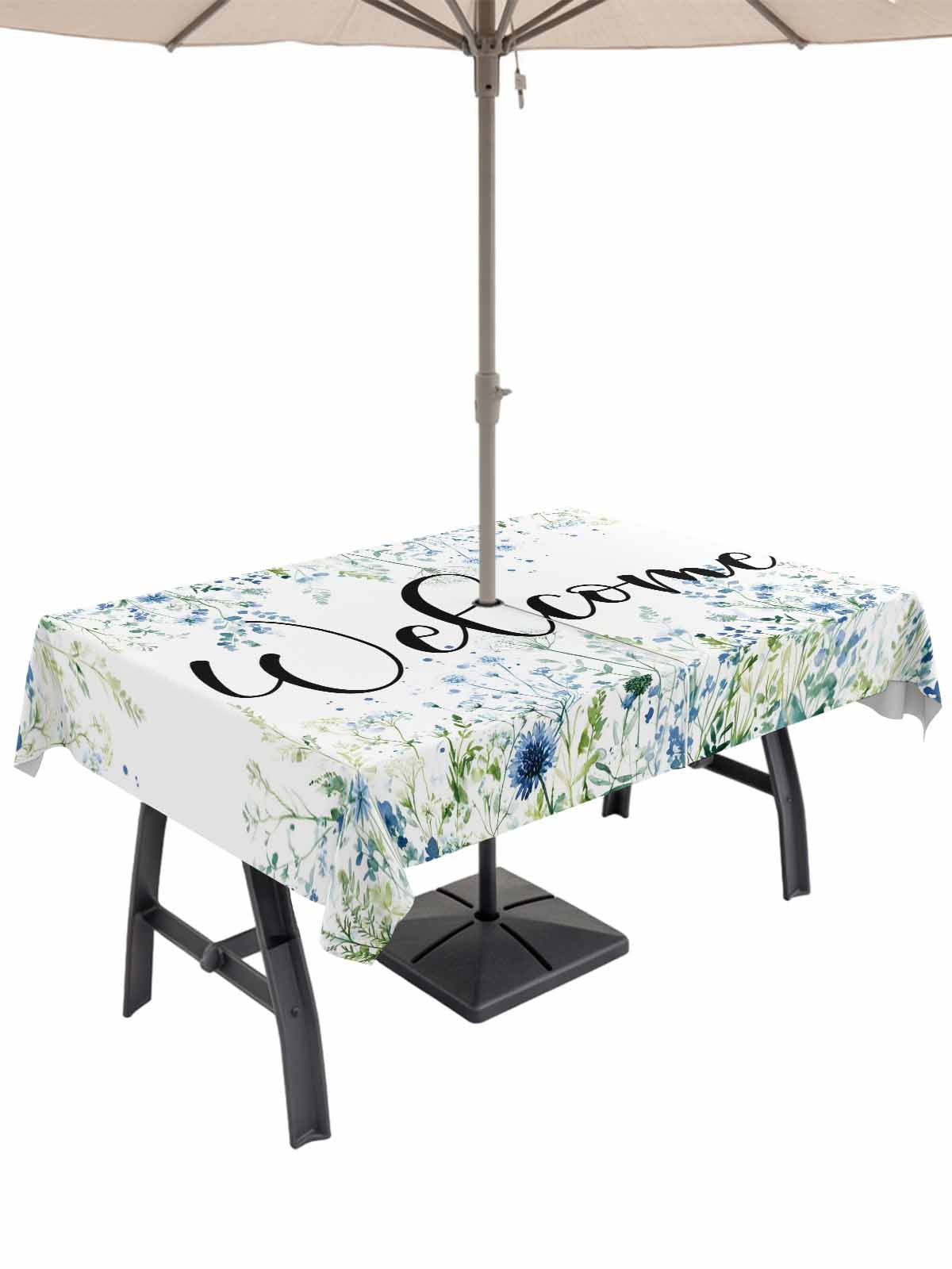 Blue Floral Rectangle Outdoor Tablecloth with Umbrella Hole Welcome ...