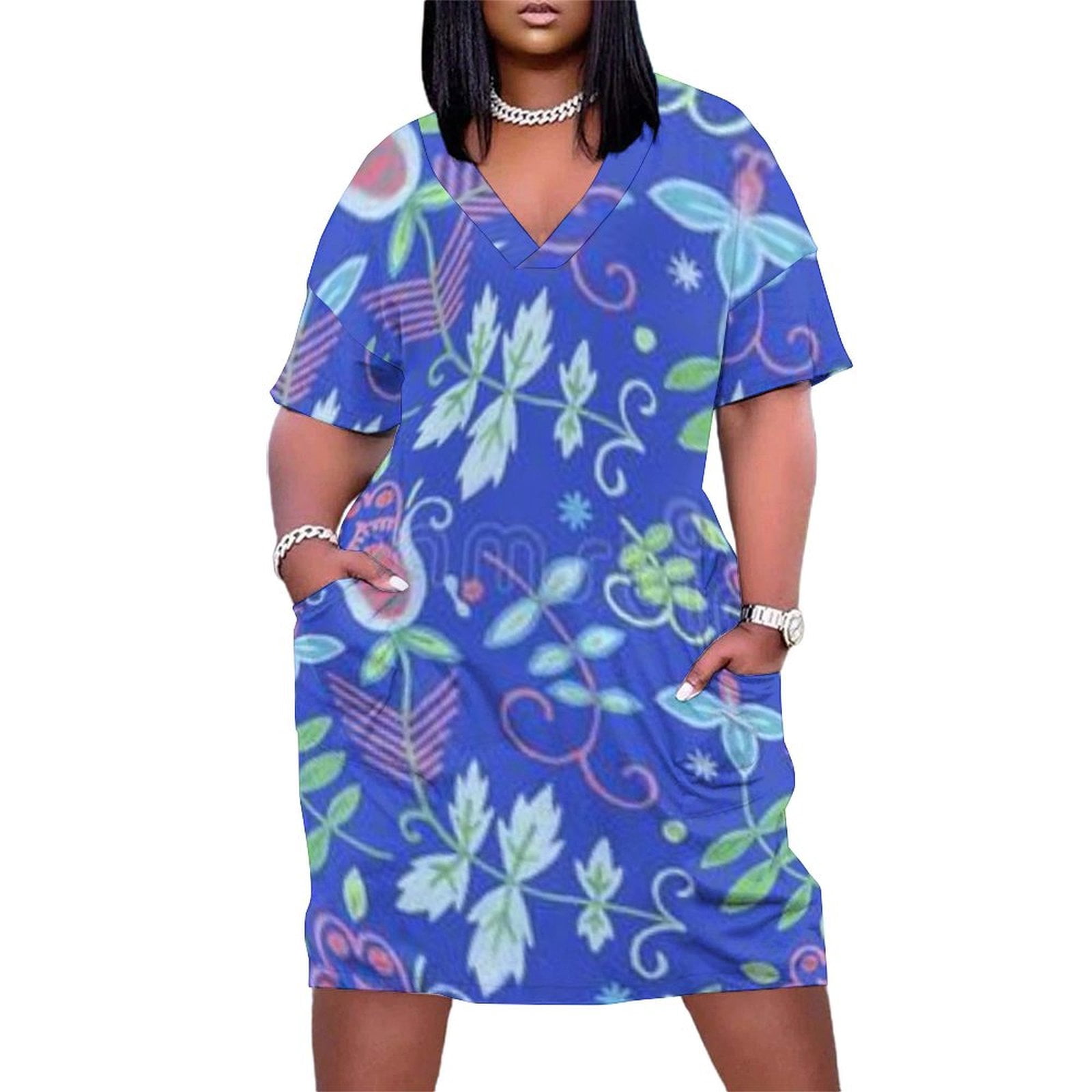 Blue Floral Repeat Pattern Design Women's Summer Short Sleeve Casual ...
